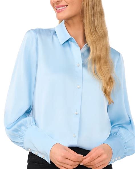 Cece Womens Luxe Satin Imitation Pearl Button Down Blouse Small