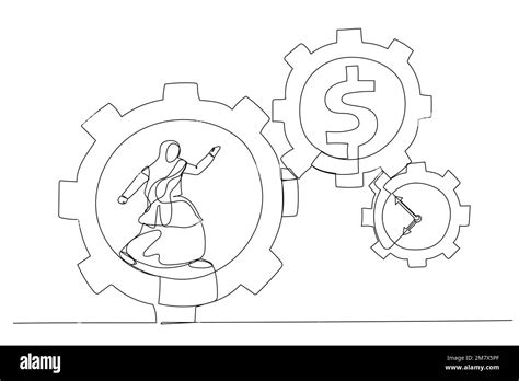 Drawing Of Muslim Businesswoman Running With Full Effort Inside Gear
