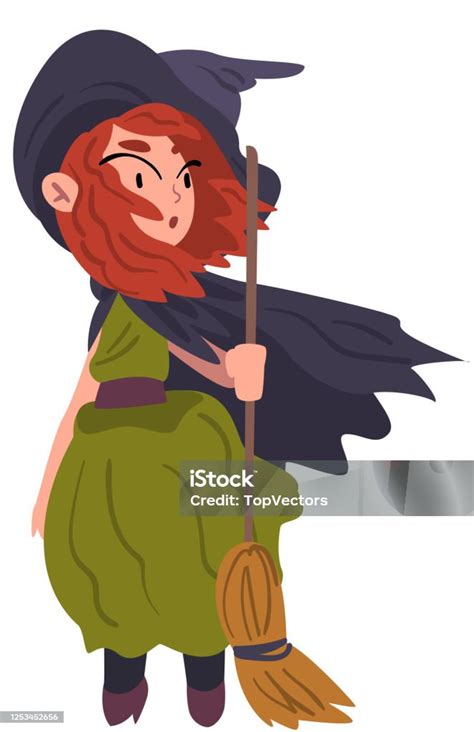 빨간 머리 소녀 마녀 녹색 드레스와 모자를 입고 빗자루와 서 귀여운 할로윈 만화 캐릭터 벡터 일러스트 10월에 대한 스톡 벡터 아트 및 기타 이미지 Istock