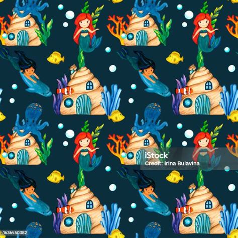 수채화 무늬 조개껍데기 집 귀여운 인어 돌고래 블루 바이올렛 해초 해저 바다 햇빛이 있는 수중 풍경 배경 아이 인쇄를 위한 클립 아트 해저 바닥 경관에 대한 스톡 벡터 아트