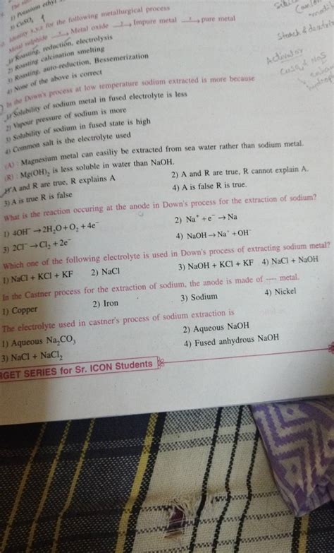 The Electrolyte Used In Castners Process Of Sodium Extraction Is Filo