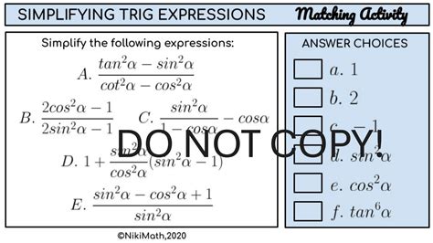 Trigonometric Identities Simplifying Trig Expressions Matching Activity