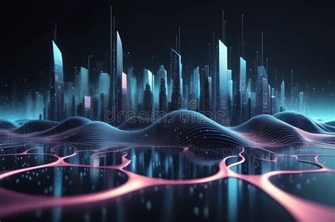 Futuristic Cityscape With Pulsating Dots And Flowing Waves Technology Background Cyber