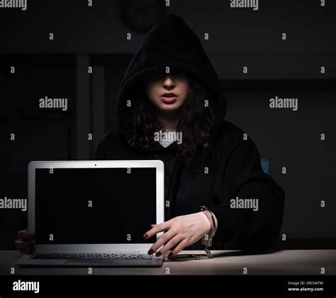 The Female Hacker Hacking Security Firewall Late In Office Stock Photo Alamy