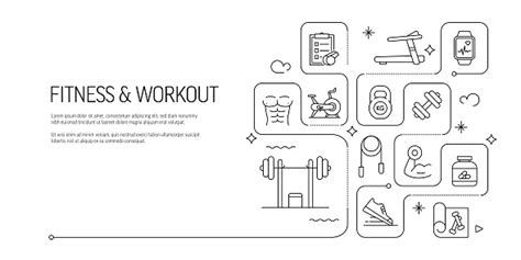 피트니스 및 운동 관련 라인 아트 배너 디자인 체육관 보디 빌딩 근육 건강한 라이프 스타일 강사에 대한 스톡 벡터 아트 및 기타 이미지 Istock