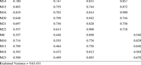 Factor Analysis Primary Factor Load Values Total Item Correlations