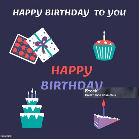 생일 세트 단색 배경에 케이크 컵 케이크 텍스트 과자를 가진 벡터 일러스트레이션 소셜 미디어 모바일 앱 마케팅 자료에 적합합니다 Film Festival에 대한 스톡 벡터