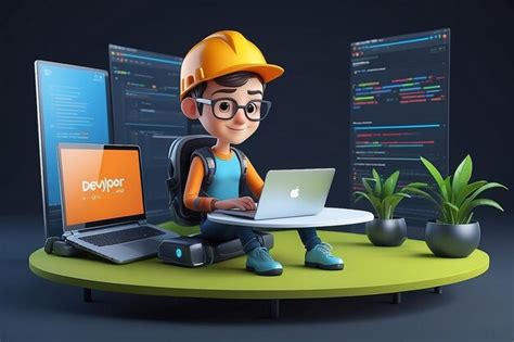Premium Photo Cartoon 3d Character Developer Designer Working On Laptop Web App Development