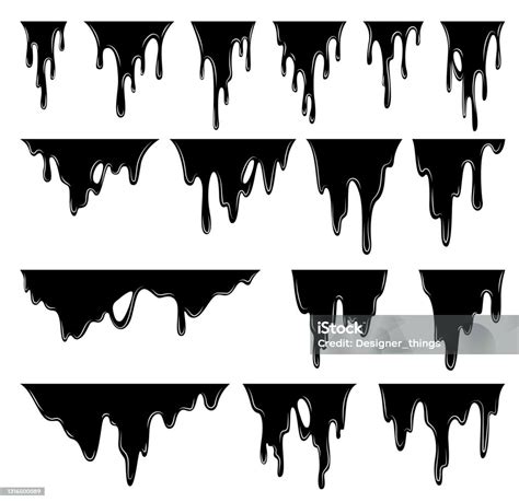 페인트 떨어지는 액체 흐르는 기름 얼룩 검은 물방울 세트 현재 잉크 줄무늬 유체 얼룩 흰색 배경의 벡터 그림 때묻은에 대한 스톡