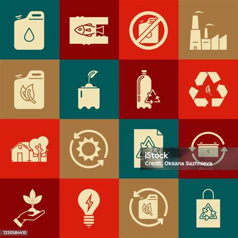 재활용 배터리 기호 재활용 및 잎 가솔린통 새싹 병 바이오 연료 캐니스터 및 재활용 플라스틱 아이콘이있는 비닐 봉지를 설정합니다 벡터 갤런에 대한 스톡 벡터 아트 및 기타