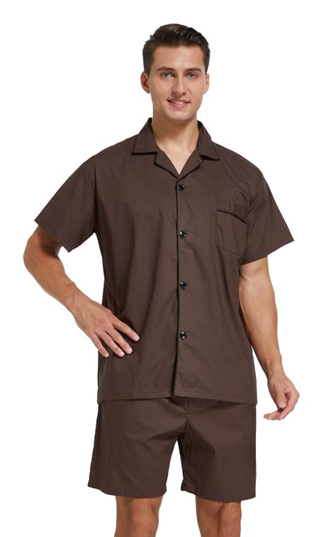Mens Cotton Short Sleeve Woven Pajama Set Brown With Black Piping