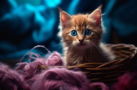 Premium Ai Image Tiny Kitten With Blue Eyes Sitting In A Basket On A