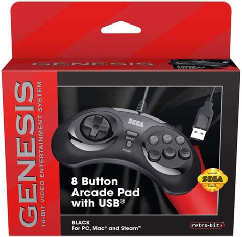 Sega Genesis 8 Button Arcade Usb Pad Black Retro Vgames