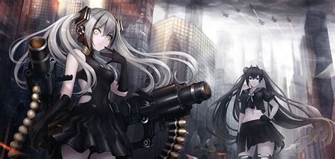 262621、 2girls、 航空機、 黒、 建物、 都市、 雲、 Com、 ドレス、 目、 手袋、 グレー、 銃、 髪、 こなちゃん