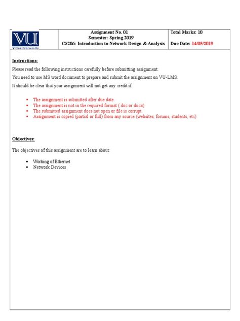 Assignment No 01 Semester Spring 2019 Cs206 Introduction To Network Design And Analysis Total