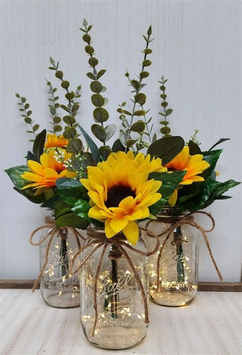 Set Of 3 Sunflower Lighted Mason Jars Wedding Centerpiece Event