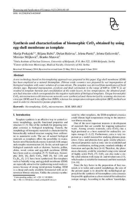 Pdf Synthesis And Characterization Of Biomorphic Ceo2 Obtained By Using Egg Shell Membrane As