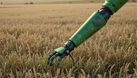 Agricultural Robotics A Realistic Rendering Of A Green Robotic Arm Tending To Crops In A Brown