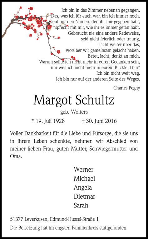 Traueranzeigen Von Margot Schultz Wirtrauern