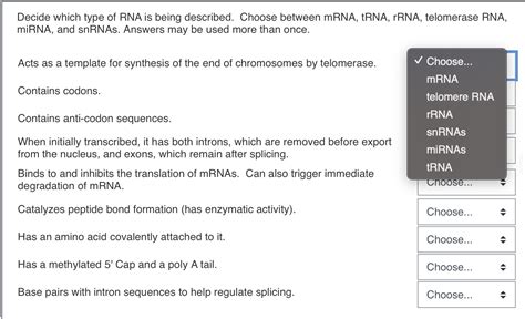 Solved Decide Which Type Of RNA Is Being Described Choose Chegg Com