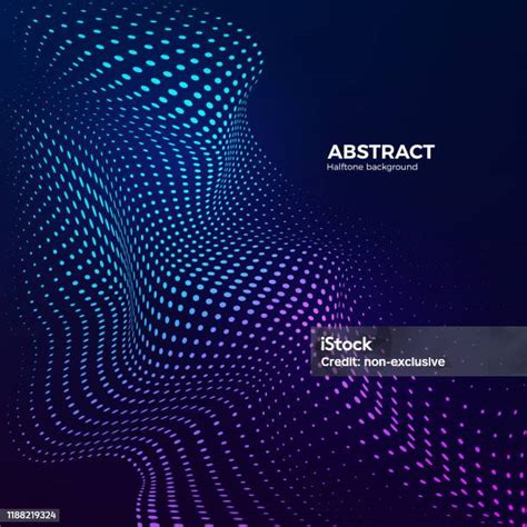 음악 디자인 이나 스포츠에 대 한 하프 톤 디자인 요소 모션 효과 동적 파도와 추상 다채로운 하프 톤 배경 왜곡 점 표면입니다 파란색과 보라색 색상의 벡터 일러스트레이션