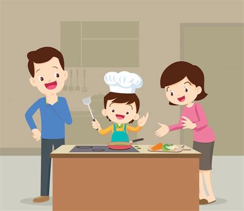 Familia E Hijo Cocinando Vector Premium