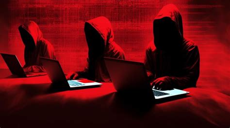 Premium Ai Image Group Of Hacker With A Laptop On A Red Background