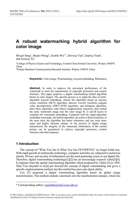 Pdf A Robust Watermarking Hybrid Algorithm For Color Image