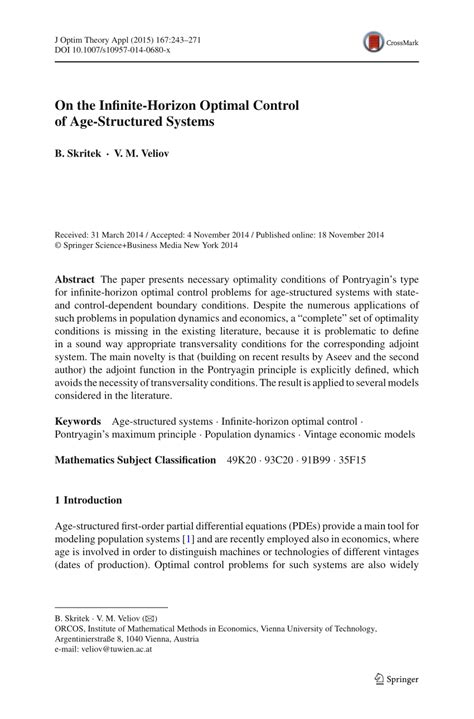 Pdf On The Infinite Horizon Optimal Control Of Age Structured Systems