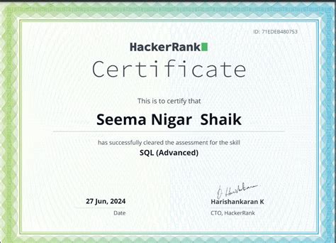 Seema Nigar Shaik On Linkedin 🚀 Excited To Announce My Sql Certification From Hackerrank 🌟…
