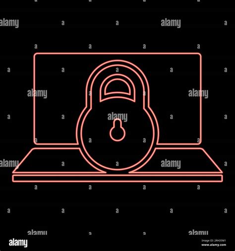 Neon Laptop Lock Personal Data Security Cyber Access Concept Locked Padlock Use Red Color Vector