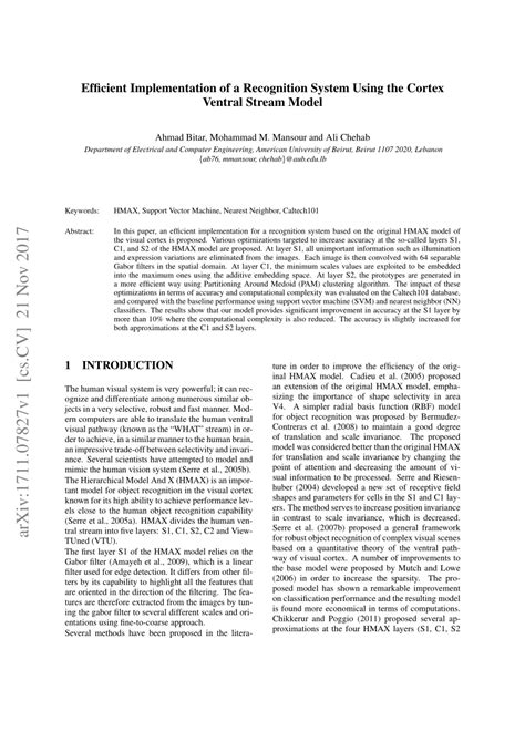 Pdf Efficient Implementation Of A Recognition System Using The Cortex Ventral Stream Model