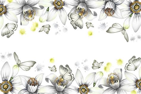 오렌지 꽃 향기로운 오렌지 나무 꽃과의 경계 나비가 있는 감귤류 꽃의 프레임 손으로 그린 수채화 그림입니다 향수 엽서 및 라벨 포장용 배너용 0명에 대한 스톡 벡터 아트 및