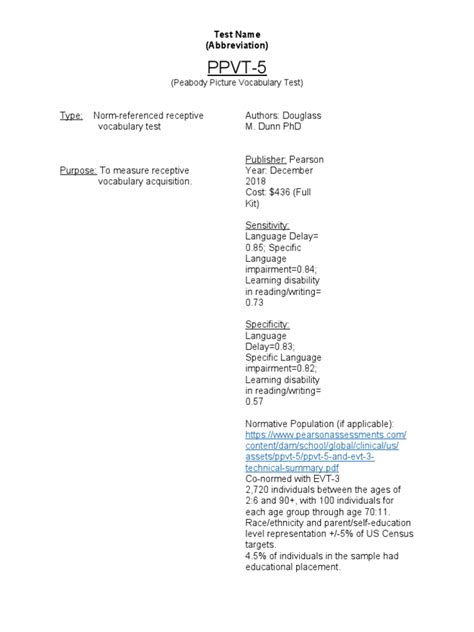 Ppvt 5 Test Name Abbreviation Download Free Pdf Learning