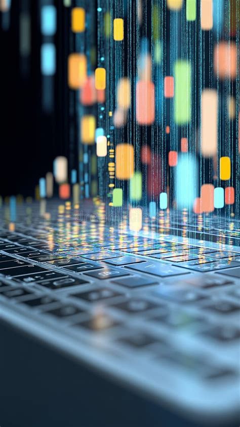 Colorful Data Streams Cascading Over Laptop Keyboard Visualizing