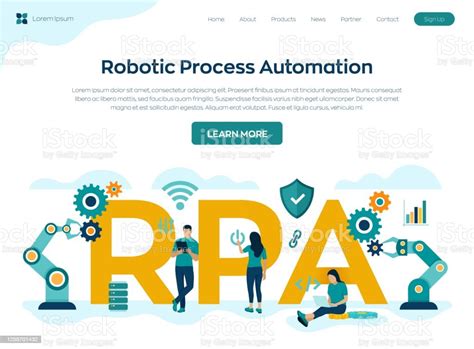 Rpa 로봇 프로세스 자동화 혁신 기술 개념 지능형 시스템 자동화 Ai 인공 지능 캐릭터와 아이콘이 있는 다채로운 플랫 스타일