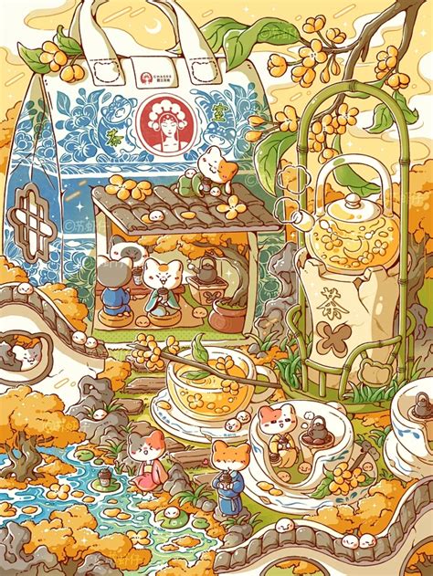 插画｜初闻桂花香喵子们的秋日茶室 花瓣网