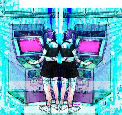 Safebooru 1girl Arcade Arcade Cabinet Artist Name Black Skirt Game