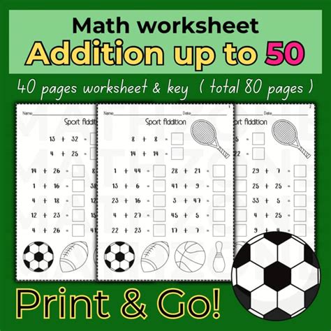 2nd Grade Addition To 50 Worksheets Sport Theme Printandgo Fact Fluency