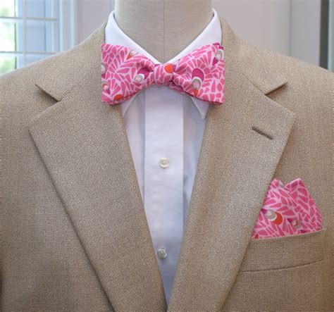 Pink Peacock Bow Tie And Pocket Square Set Wedding Groomsmen T Etsy