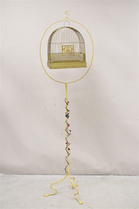 Antique Hendryx Art Nouveau Wrought Iron Bird Cage And Stand With