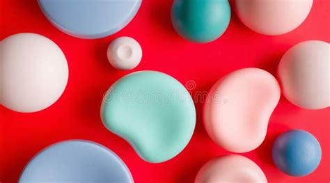 Colorful Abstract Spheres And Shapes On A Vibrant Red Background Creating A Playful Composition