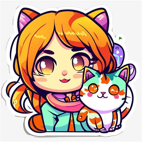 Premium Vector Cute Girl And Cat Kawaii Hand Drawn Cartoon Sticker