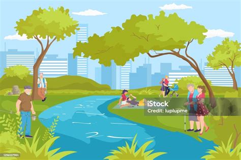 강에서 야외 휴식 여름 공원 자연 벡터 일러스트에서 레저 만화 남자 여자 사람들은 풍경에서 레크리에이션 강에 대한 스톡 벡터