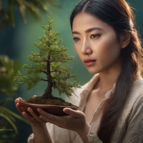Premium AI Image Chinese Model Hoding A Small Tree