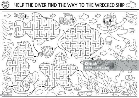 바다 아래 흑백 미로는 아이들의 기하학적 해마 물고기 조개껍데기 오션 라인 유치원 인쇄 가능한 활동 물 미로 색칠하기 페이지 다이버가 난파선으로가는 길을 찾도록 도와주세요
