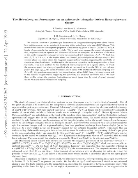 Pdf The Heisenberg Antiferromagnet On An Anisotropic Triangular Lattice Linear Spin Wave Theory