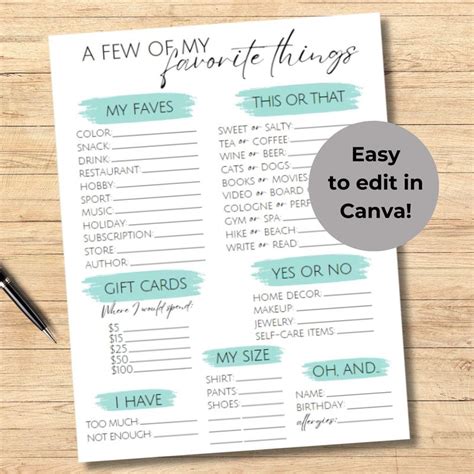 A Few Of My Favorite Things Printable Etsy