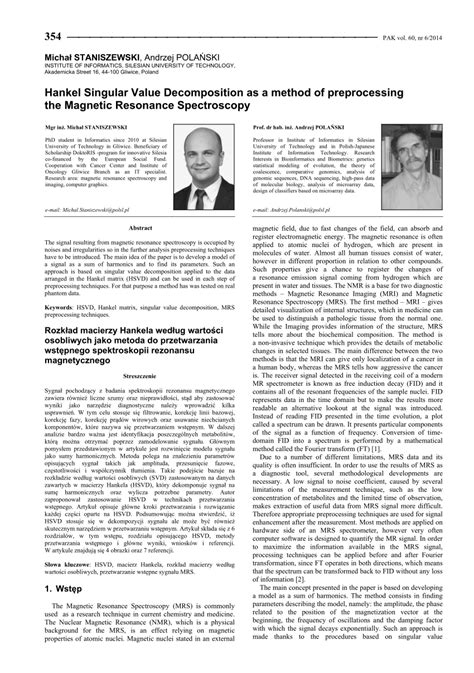 Pdf Hankel Singular Value Decomposition As A Method Of Preprocessing The Magnetic Resonance
