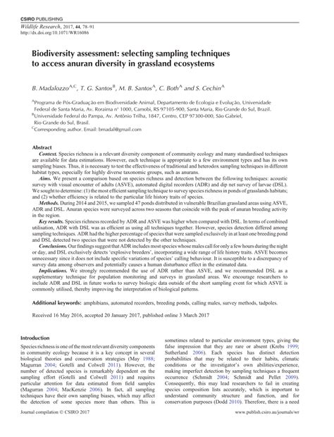 PDF Biodiversity Assessment Selecting Sampling Techniques To Access Anuran Diversity In